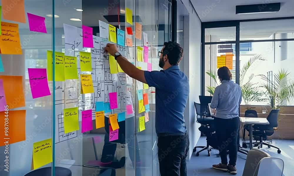 A person engages with colorful sticky notes on a glass wall in a ...