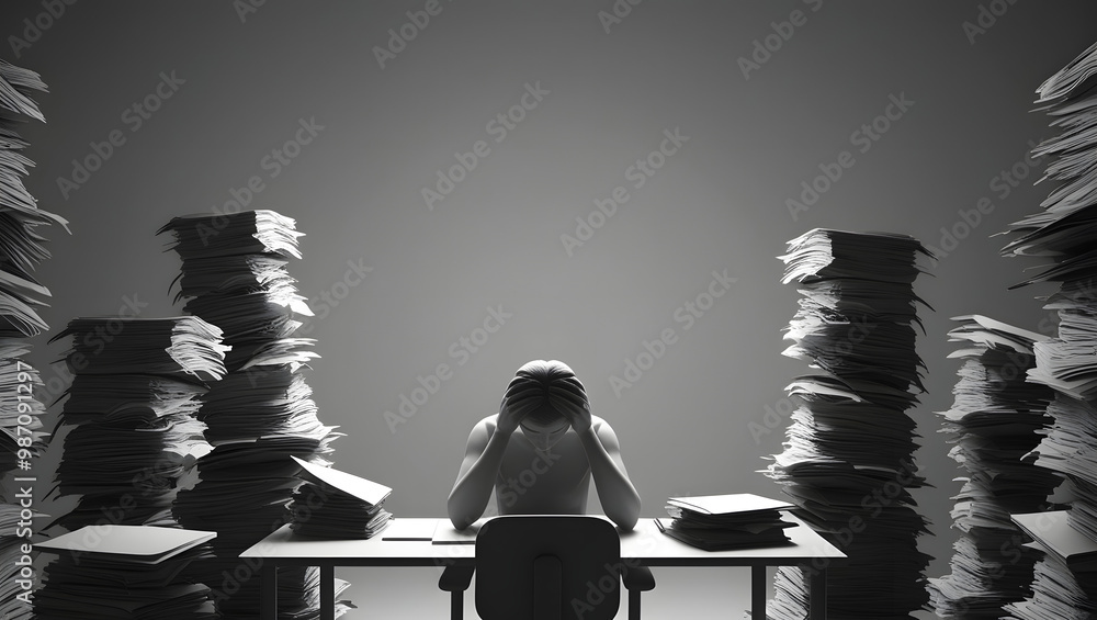 Messy office desk working man stressed frustration overwhelm burnout ...