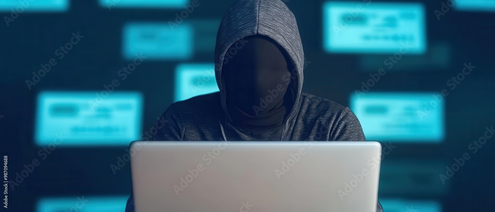 Hacker behind multiple fake bank accounts on a laptop screen, anonymous ...