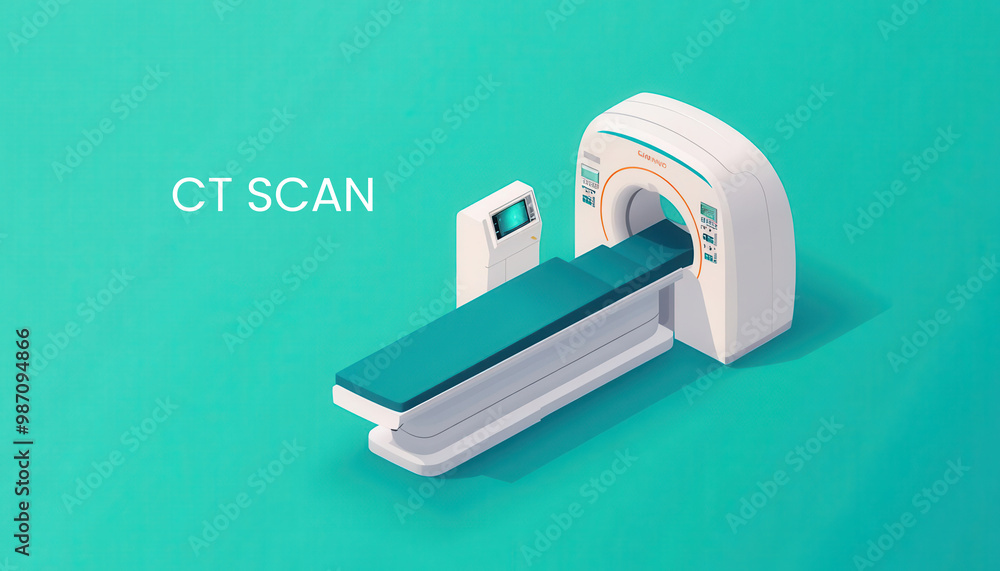 Isometric view of a hospital CT scan room with all equipment, sterile ...