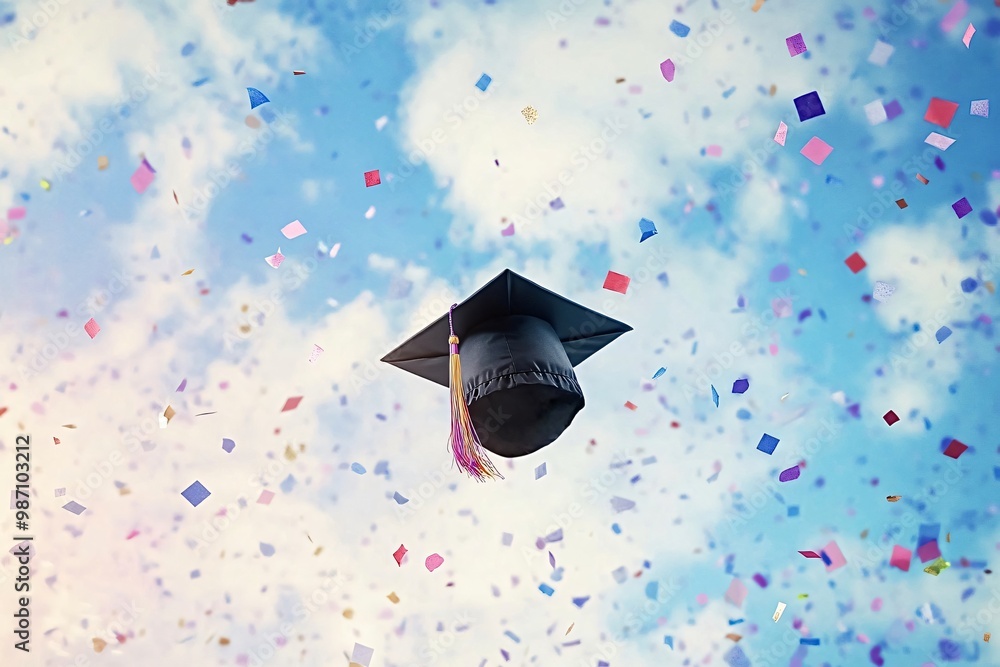 Single graduation cap soars through colorful confetti, symbolizing joy ...