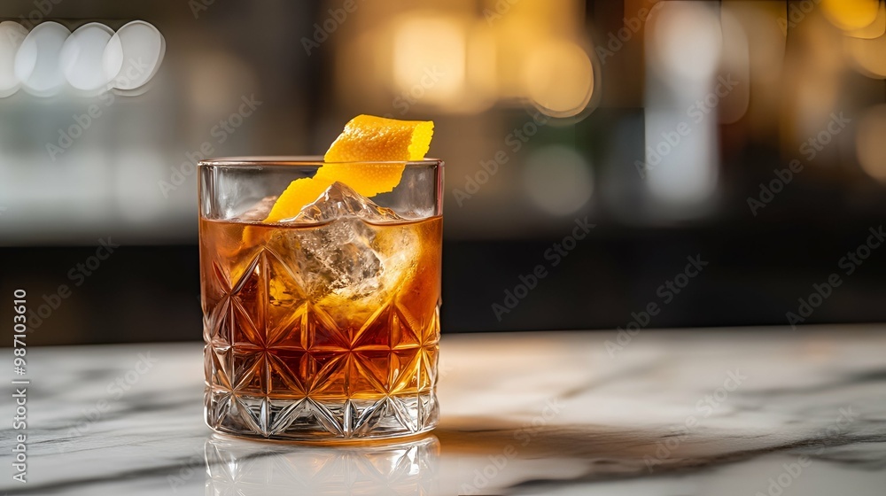 Classic Old Fashioned Cocktail with Orange Peel and Ice in a Cut Glass ...