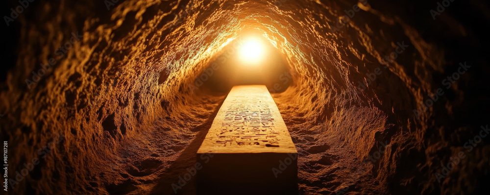 An ancient tunnel glows with warm light, revealing a stone slab adorned ...