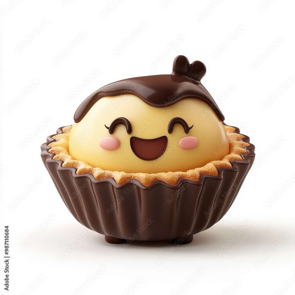 3D cartoon chocolate tart character, isolated on a white background ...