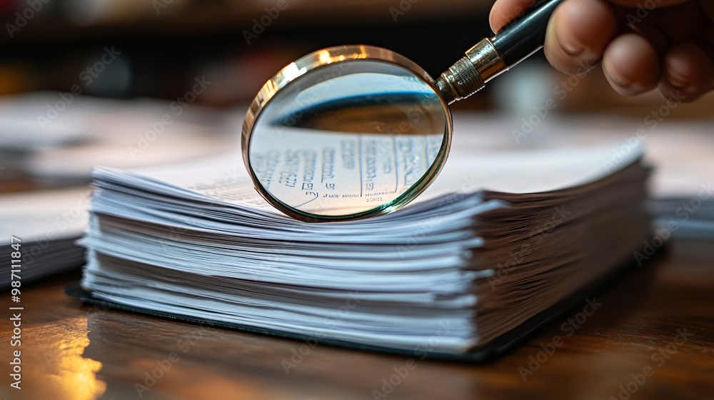 Stack of official documents being examined with a magnifying glass ...