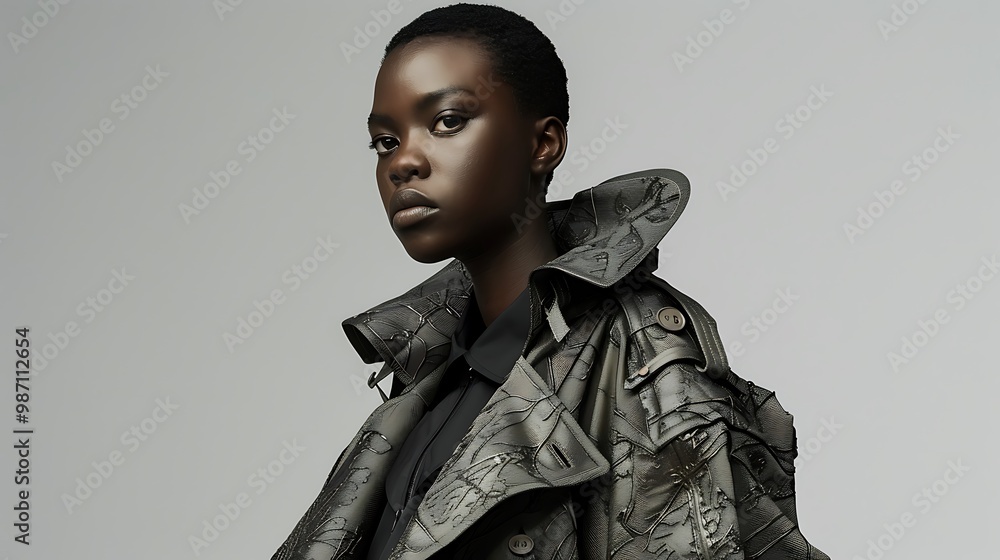 Ultra-sharp image of a model displaying a modern trench coat with ...