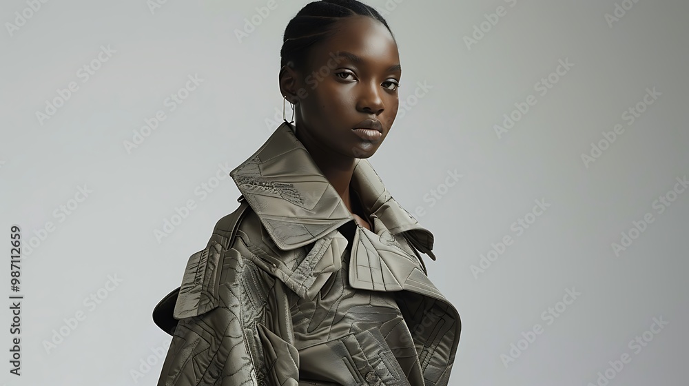 Ultra-sharp image of a model displaying a modern trench coat with ...