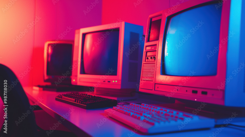 vibrant scene showcasing early 2000s computers with colorful lighting ...