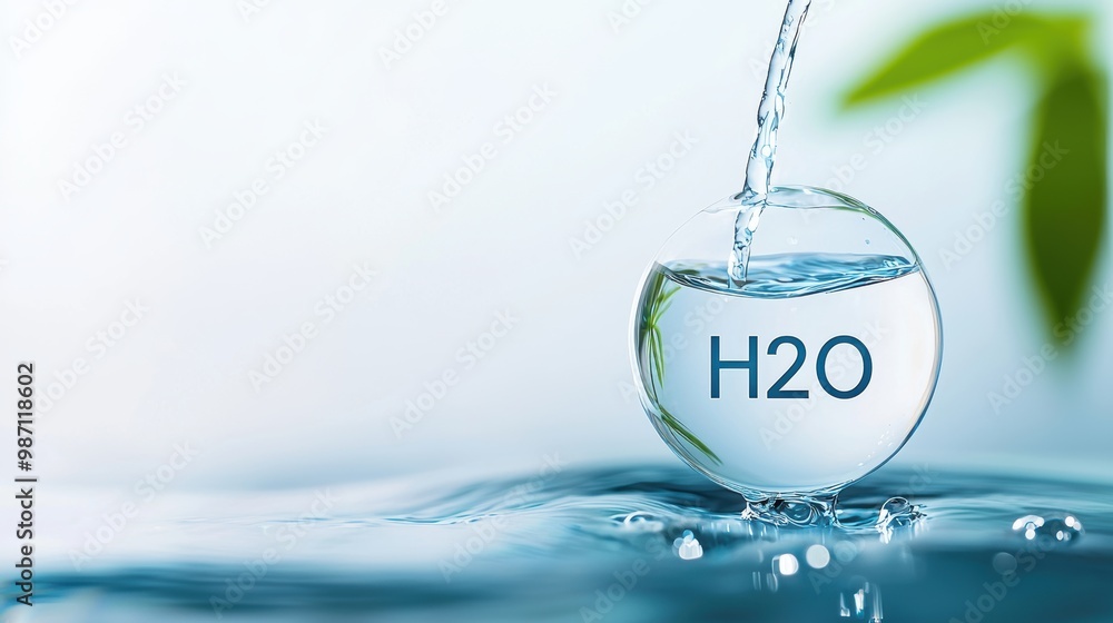 H2O Water Droplet with Pouring Liquid Concept A spherical glass filled ...