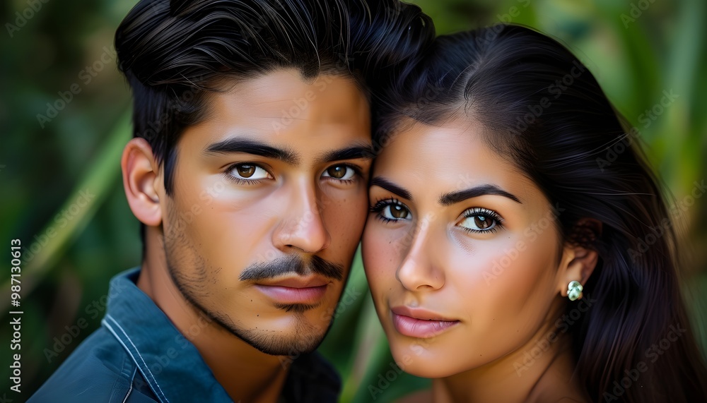 Intimate close-up portrait of a passionate young Latin couple capturing ...
