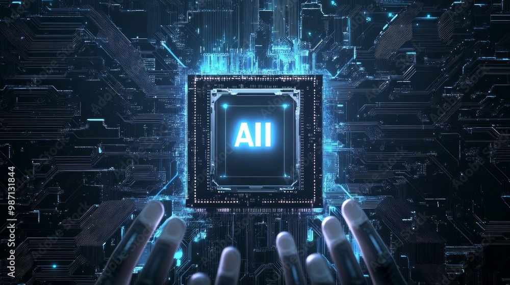 AI Computer chip in abstract digital hand five fingers. Artificial ...