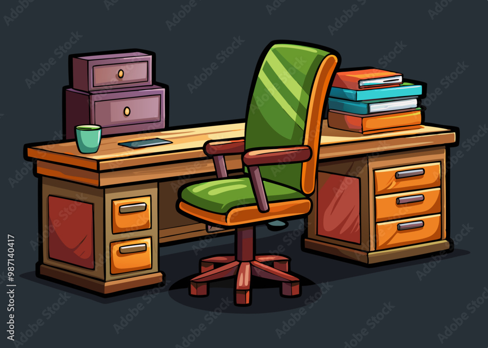 cartoon vector illustration of office desk and chair, interior design ...