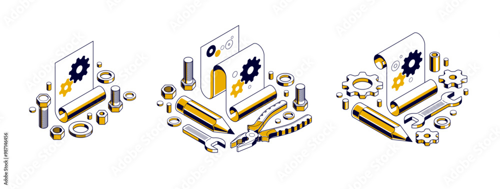 Mechanical engineering project concept set, engine draft plan drawing ...