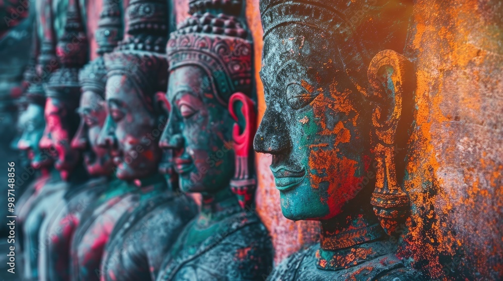 Detailed view of ancient Buddhist statues and idols in an ornate carved ...