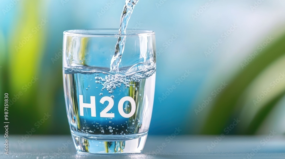 Pouring Water into Glass with H2O Label Fresh water being poured into a ...