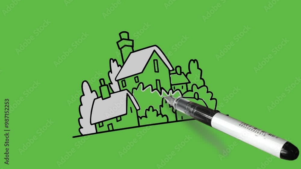draw small cottages with slanted roof in hilly area and green trees ...