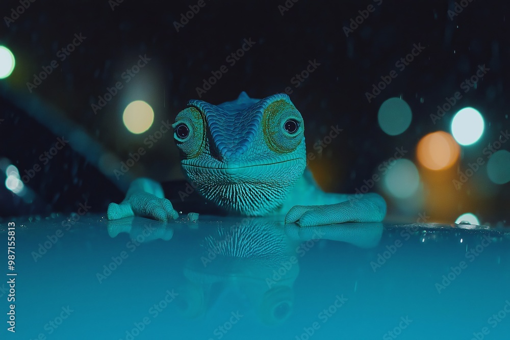 Green lizard is sitting on a car. The lizard is looking at the camera ...