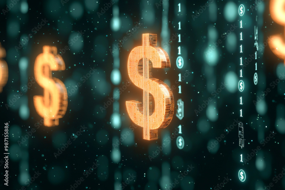 Digital currency symbols and binary code represent modern finance and ...