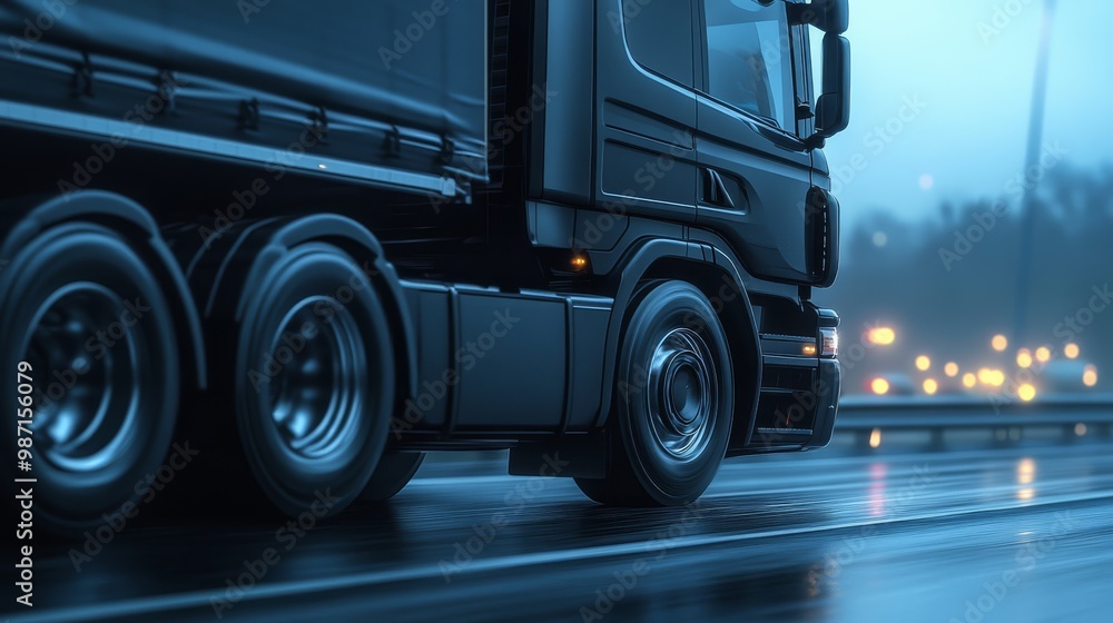 Heavy-duty truck driving on a wet, illuminated highway during the night ...