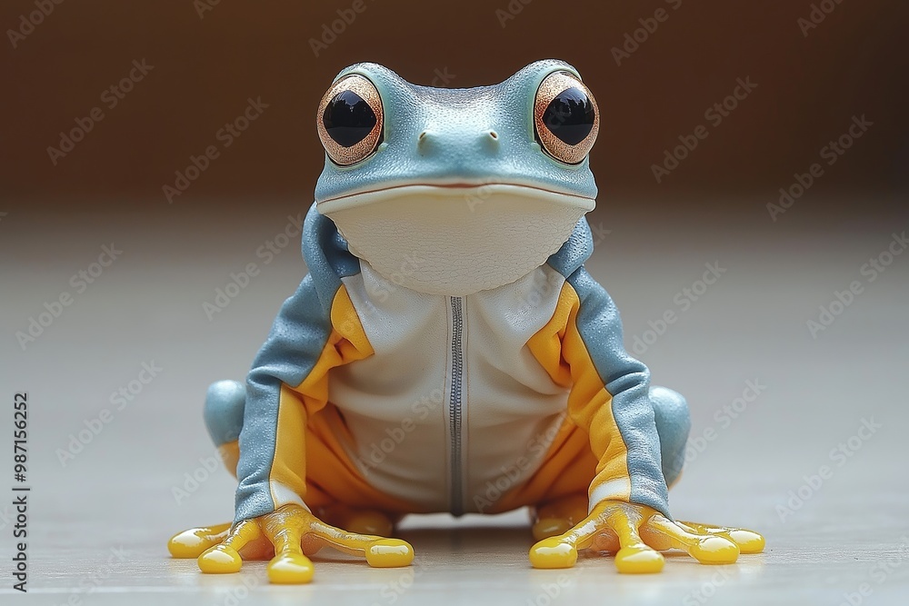 Frog wearing a yellow and blue jacket. The jacket is on the frog's back ...