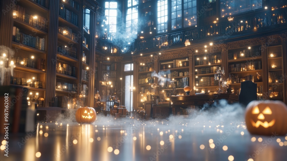 Halloween decorations featuring a creepy old library with glowing Jack ...