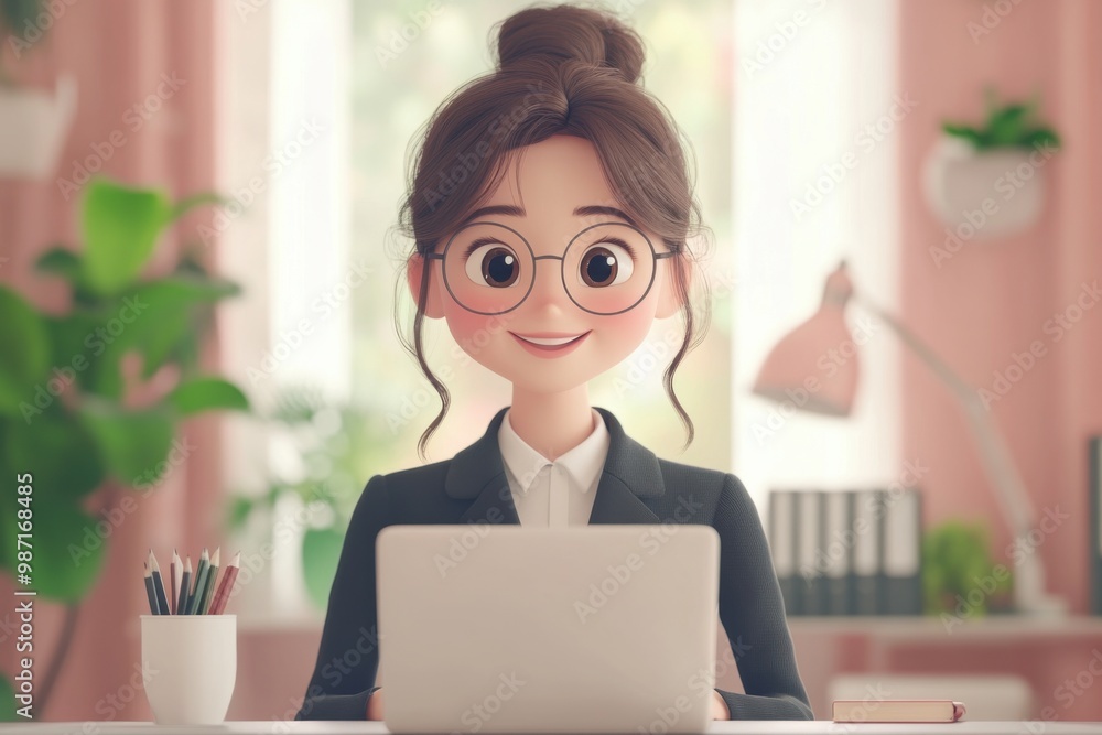Business women wear suit work on office. 3d render and cute cartoon ...