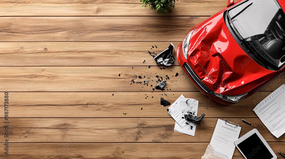 Flat lay vector scene of a car accident report being filled out at an ...