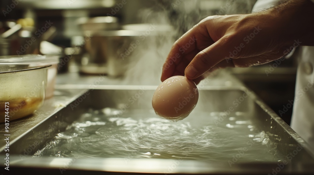 Mano de un chef colocando un huevo en agua hirviendo, capturado en un ...
