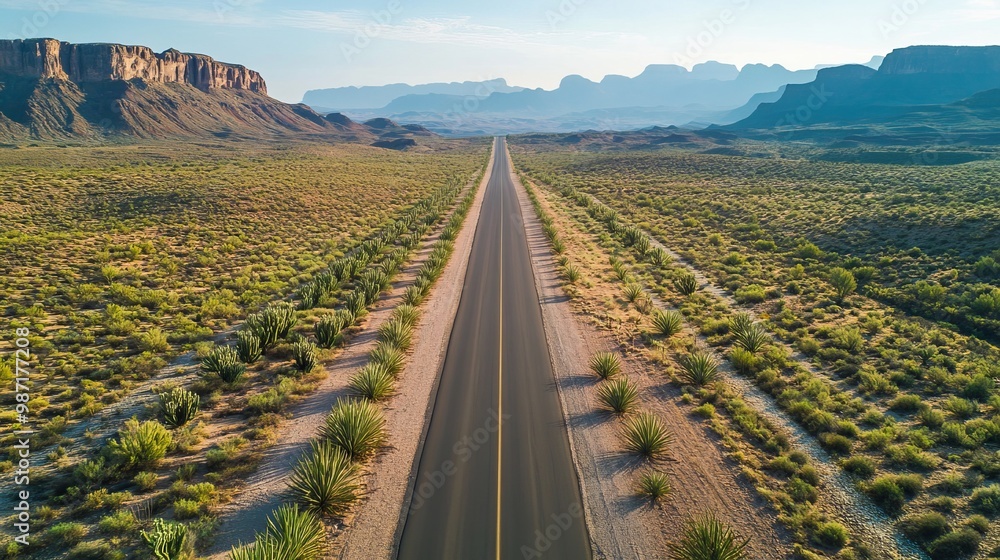 A long, straight road cuts through the Arizona desert. The landscape is ...