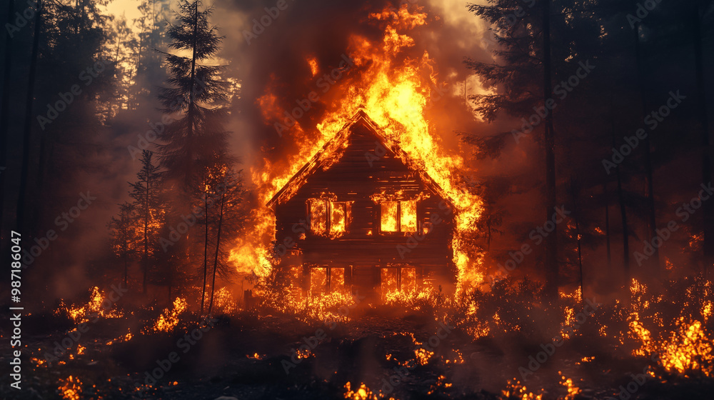 Dramatic scene of a wooden cabin completely engulfed in flames during a ...
