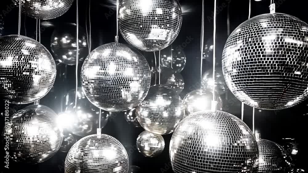 Disco party balls silver in nightclub. Silver mirror disco ball at a ...