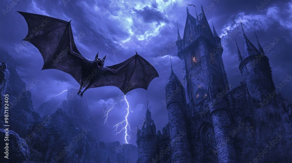 A vampire bat flying in front of a gothic castle tower, with the ...