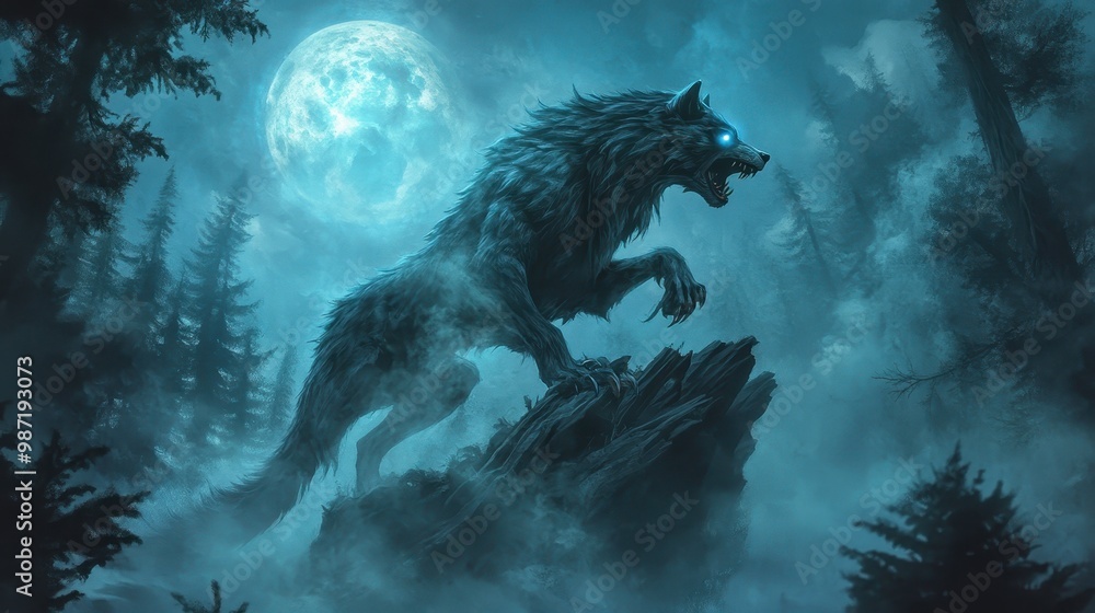 A werewolf howling at the moon from the top of a hill, with glowing eyes and sharp claws ...