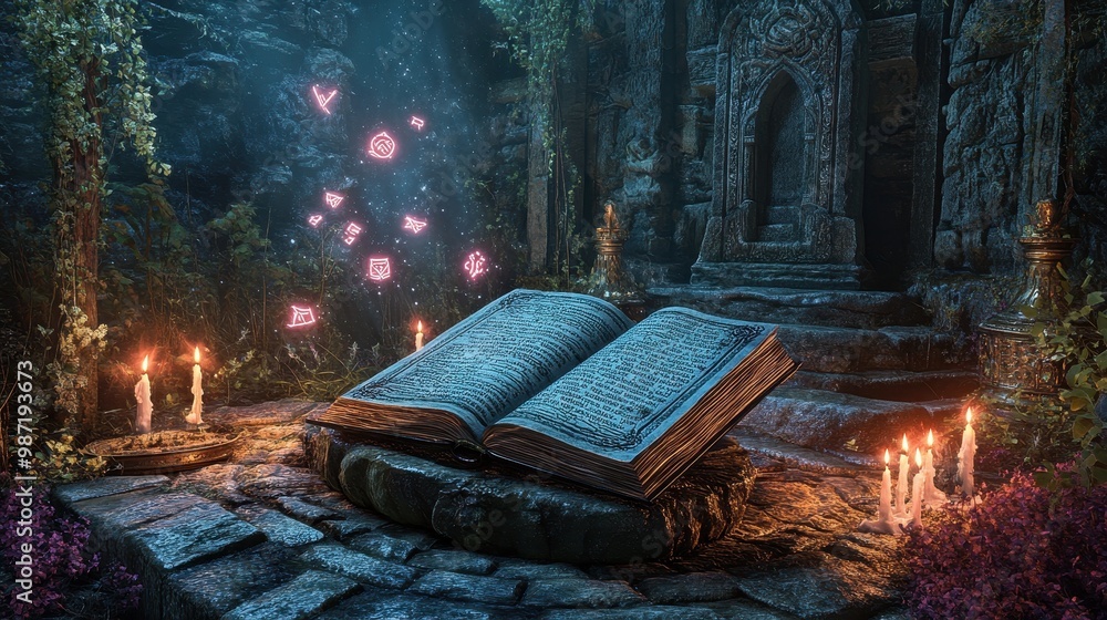 A witch's spellbook open on an ancient stone altar, with glowing runes ...
