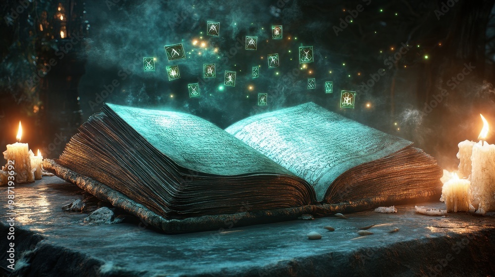 A witch's spellbook open on an ancient stone altar, with glowing runes ...