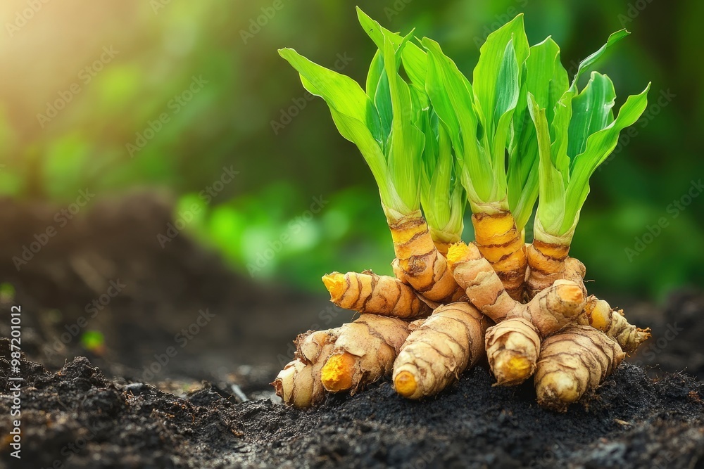 aromatic asian herbal plant roots turmeric raw and fresh with young new ...