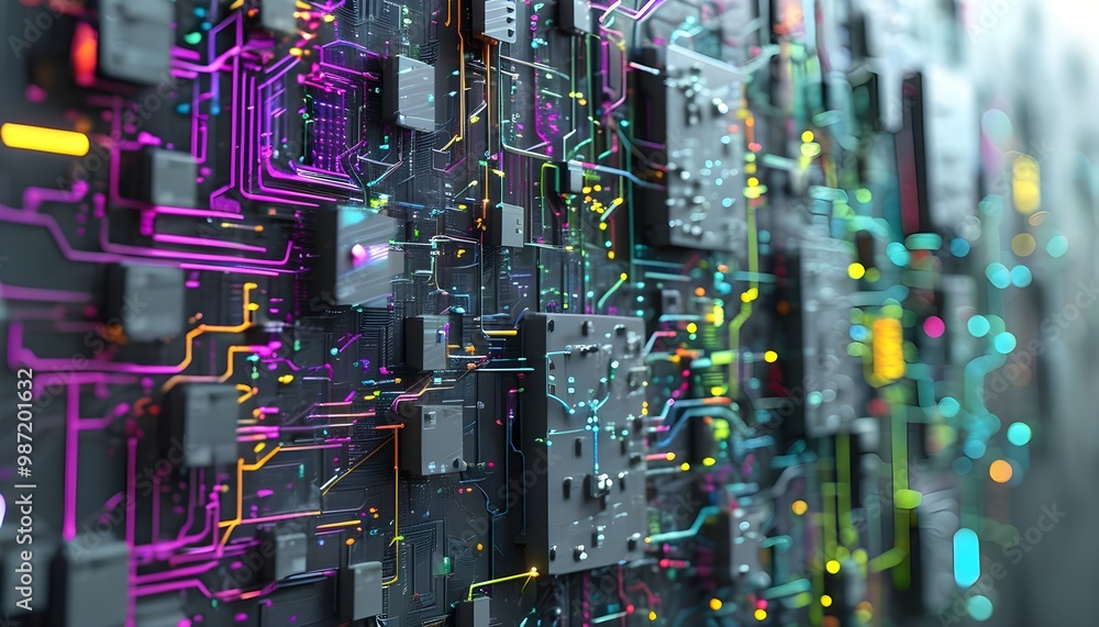 Evolving grayscale circuit board transforming into a vibrant network of ...