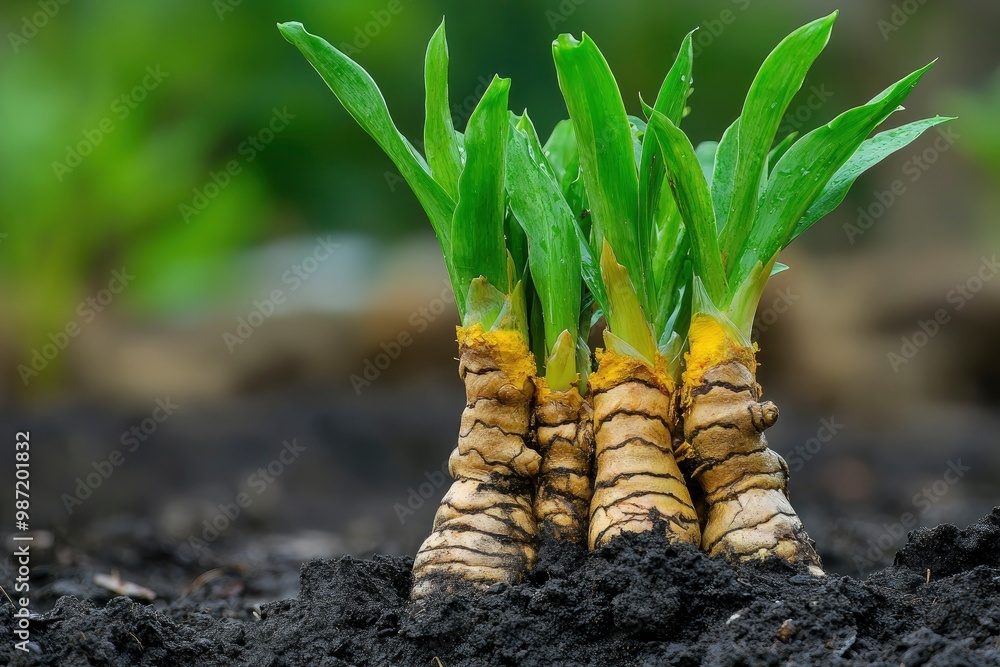 aromatic asian herbal plant roots turmeric raw and fresh with young new ...