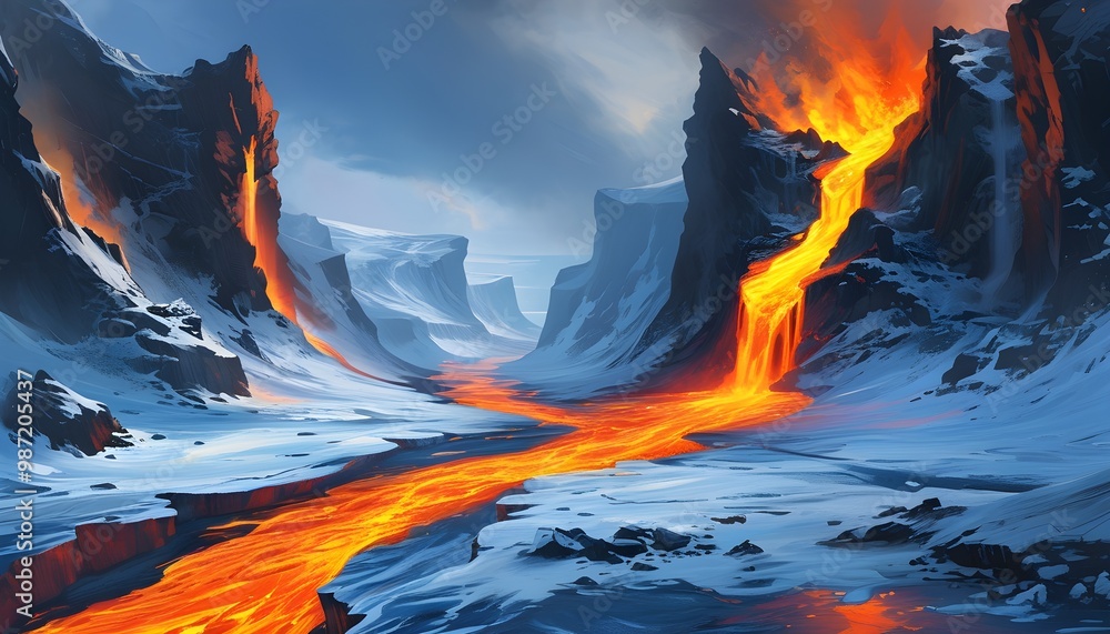 Dramatic Fusion of Fire and Ice: Molten Lava Rivers Through an Icy ...