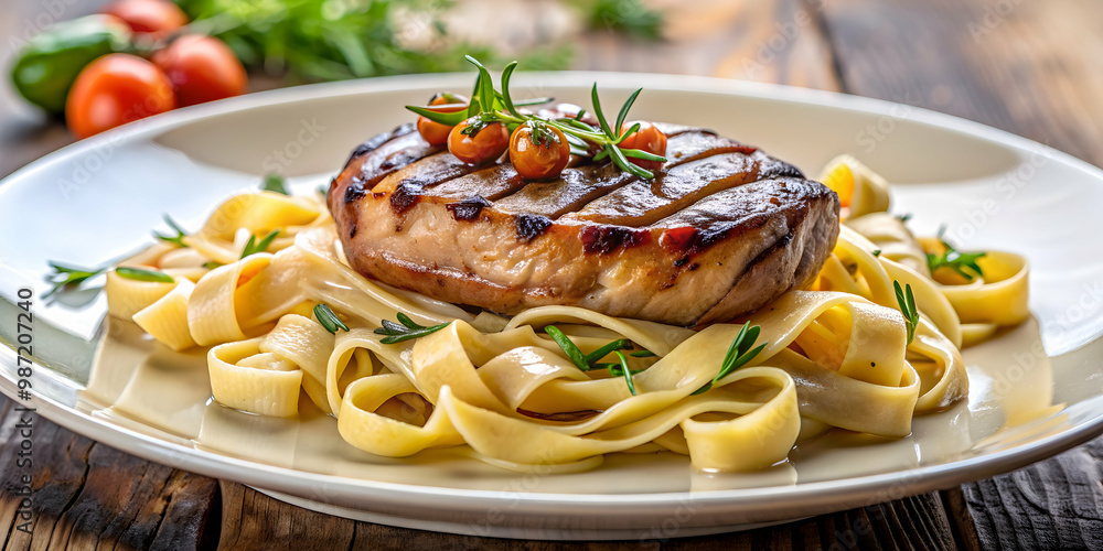 Grilled foie gras steak served with fettuccine pasta on a restaurant ...