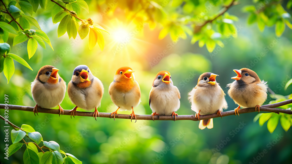 Funny little birds sitting on a branch in a spring sunny park chirping ...