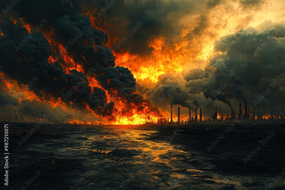 An apocalyptic scene with massive industrial fires releasing thick ...