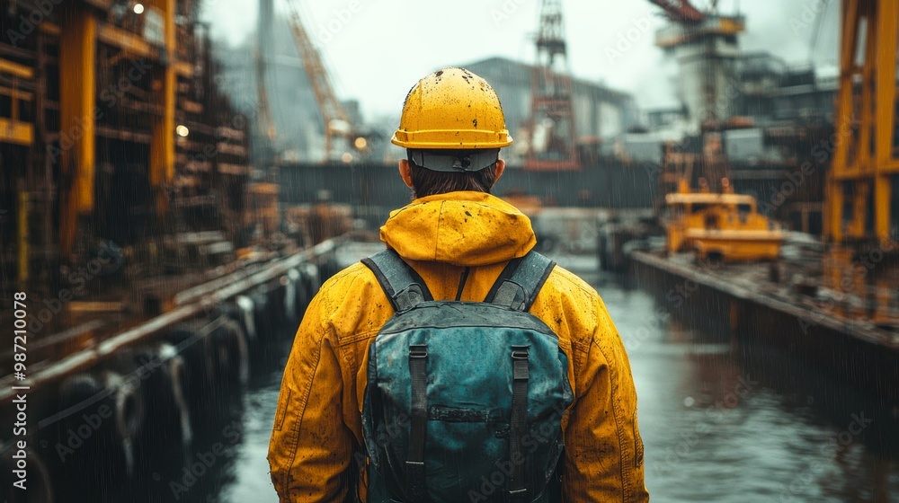 A worker in a yellow raincoat and hard hat stands at a rainy industrial ...