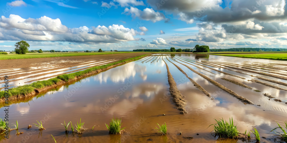 Waterlogged agricultural field with large puddles of rainwater, causing ...