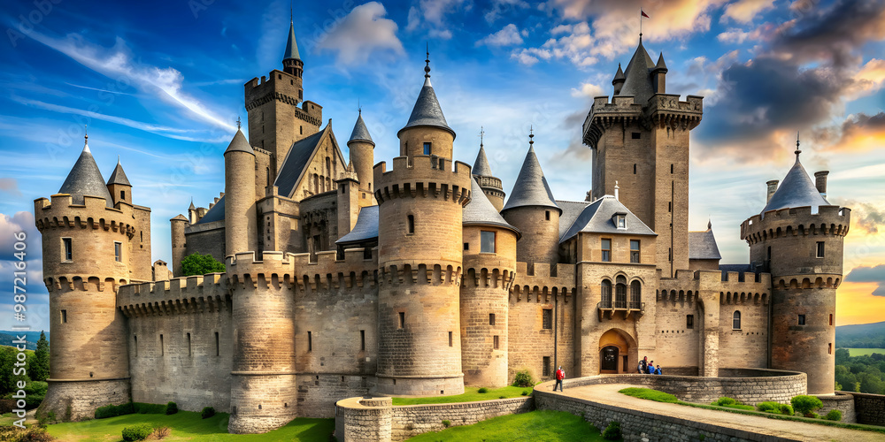 Majestic stone fortress with intricate stonework and towering turrets ...