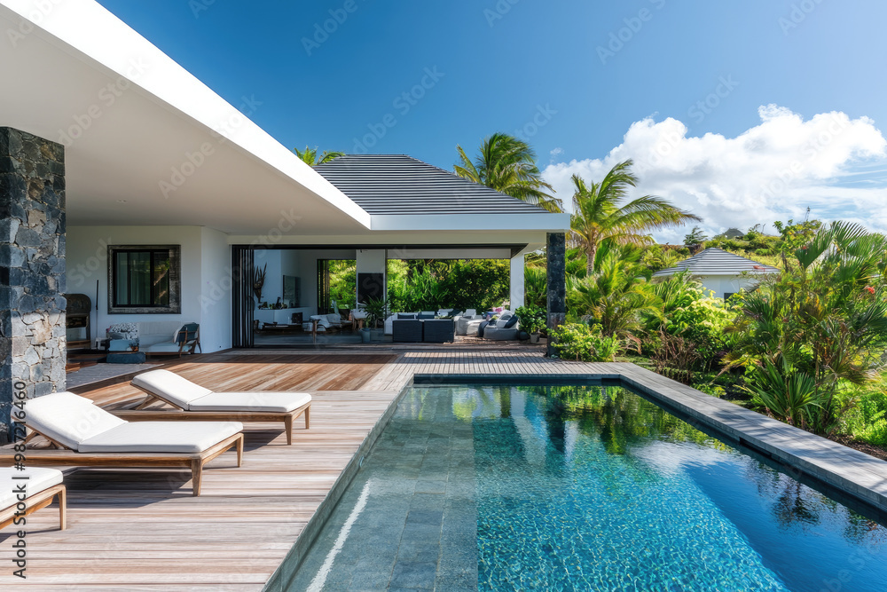 Modern one-story villa with a wooden floor, white walls, and dark gray ...