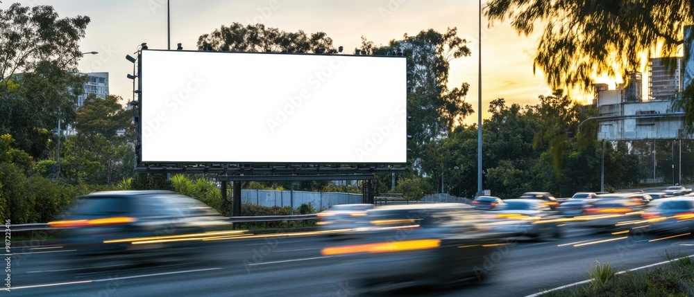 Blank advertising mockup on a highway billboard with cars speeding past ...