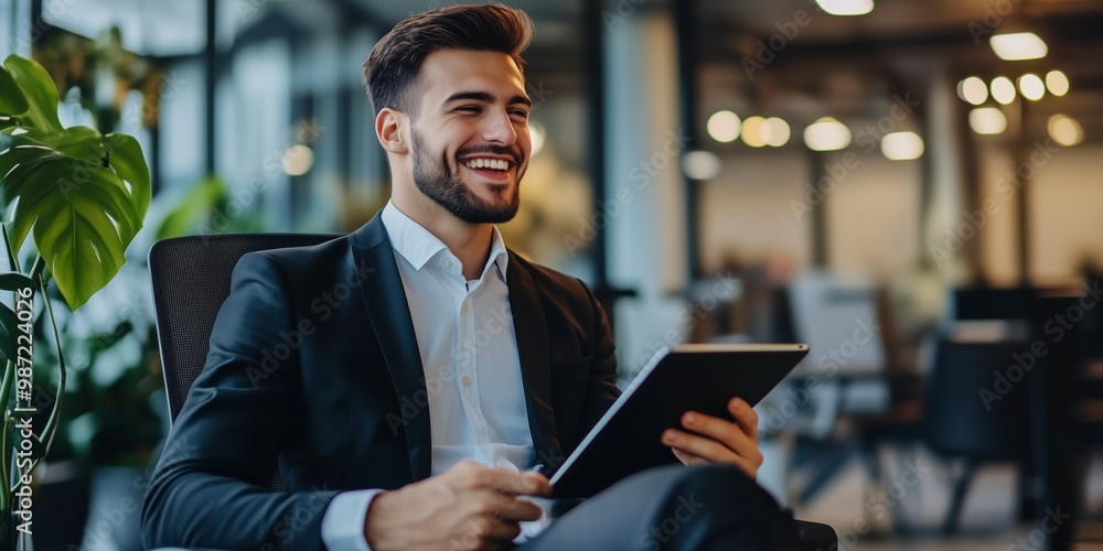 Hombre joven CEO de una empresa startup, en la oficina, sonriendo, con ...
