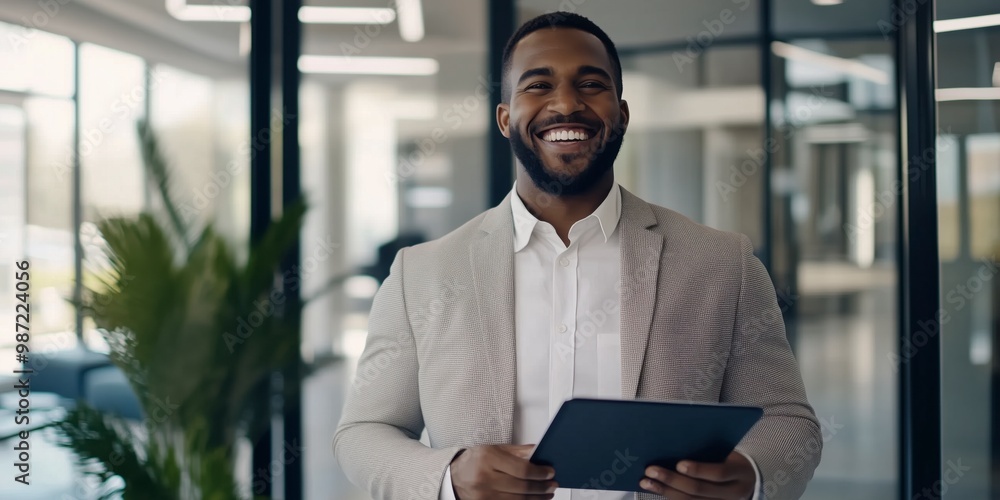 Hombre joven CEO de una empresa startup, en la oficina, sonriendo, con ...