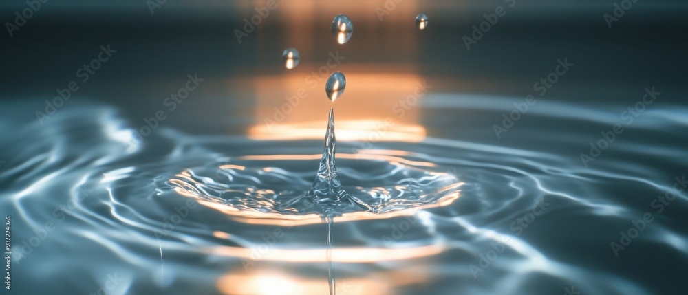 Water drop falling onto a glass surface illuminated by soft sunlight ...